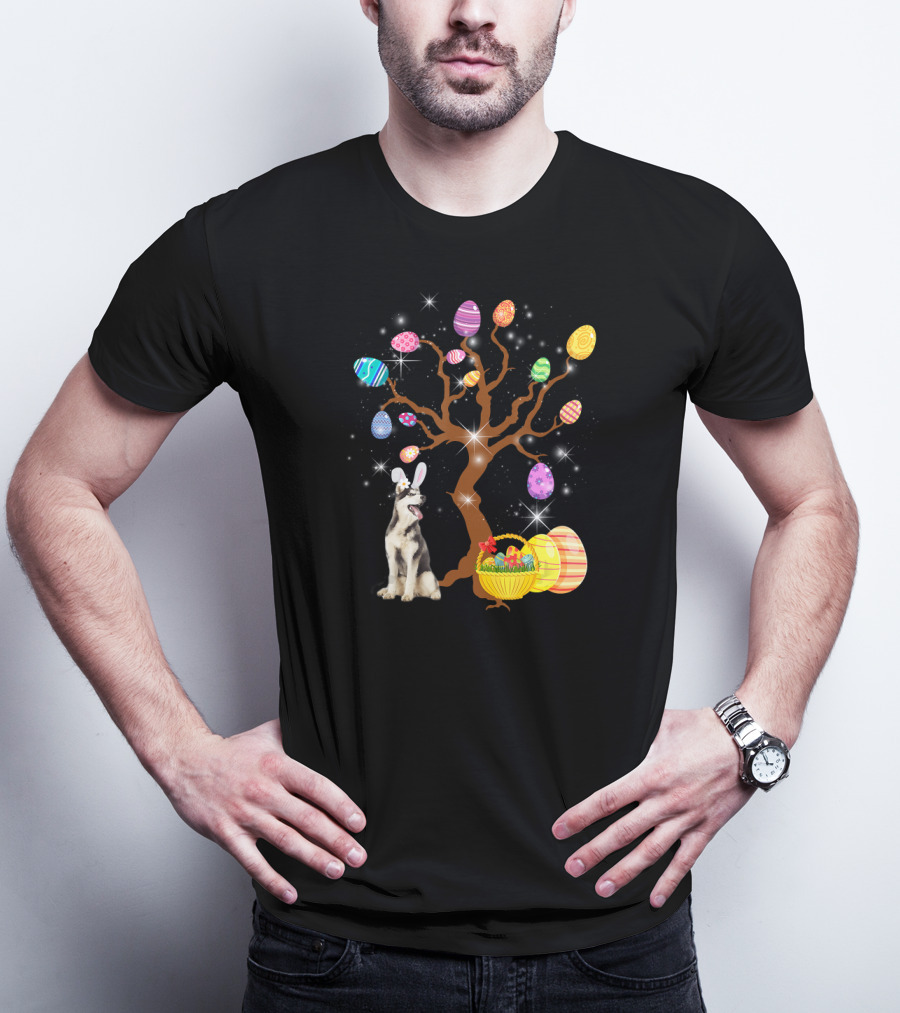 Siberian Husky Easter Egg Hunt With Basket And Tree Of Colorful Eggs T-Shirt