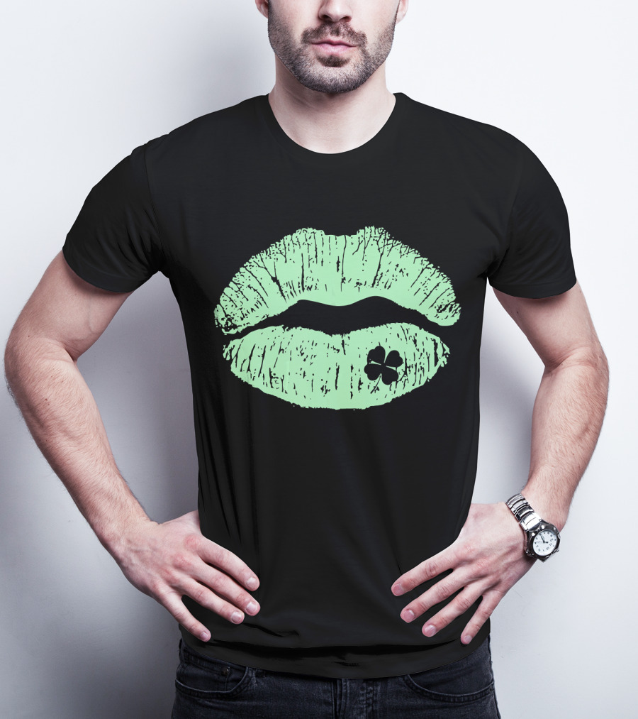 Lips Irish Kiss Clover St Patricks Day Green Shamrock T-Shirt