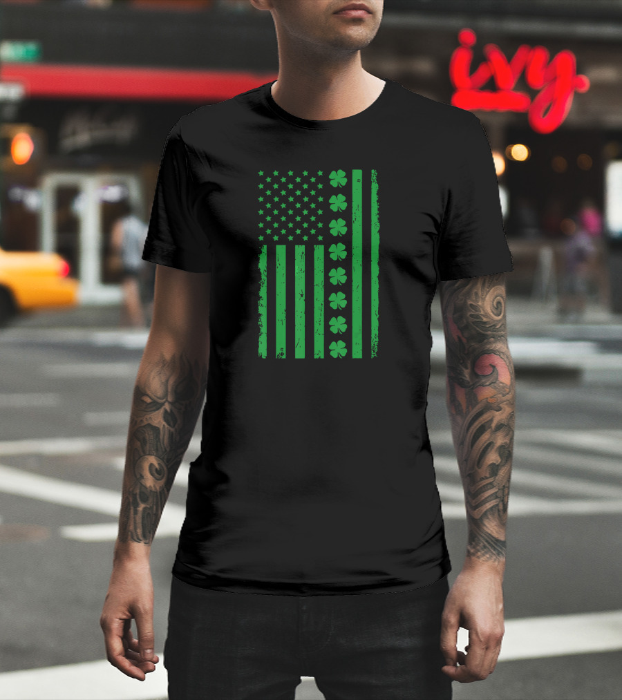 St Patrick Day Green Shamrock Irish American Flag T-Shirt