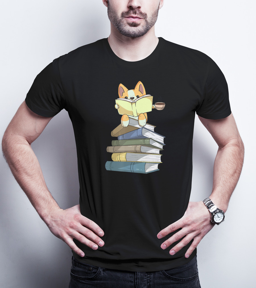 Welsh Corgi Reading Books With Coffee T-Shirt