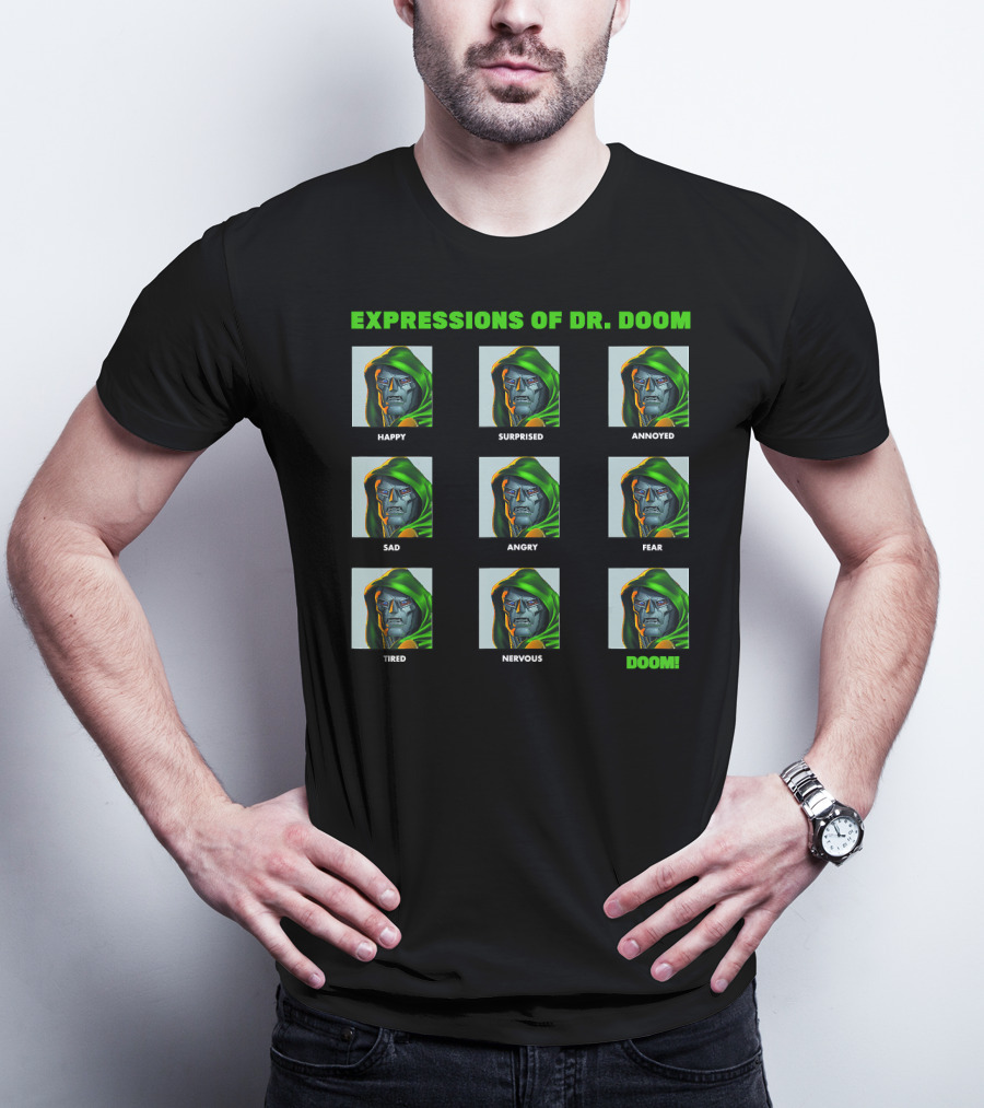 Expressions Of Dr. Doom Happy Surprised Annoyed Sad Angry Fear Tired Nervous Doom Panels T-Shirt
