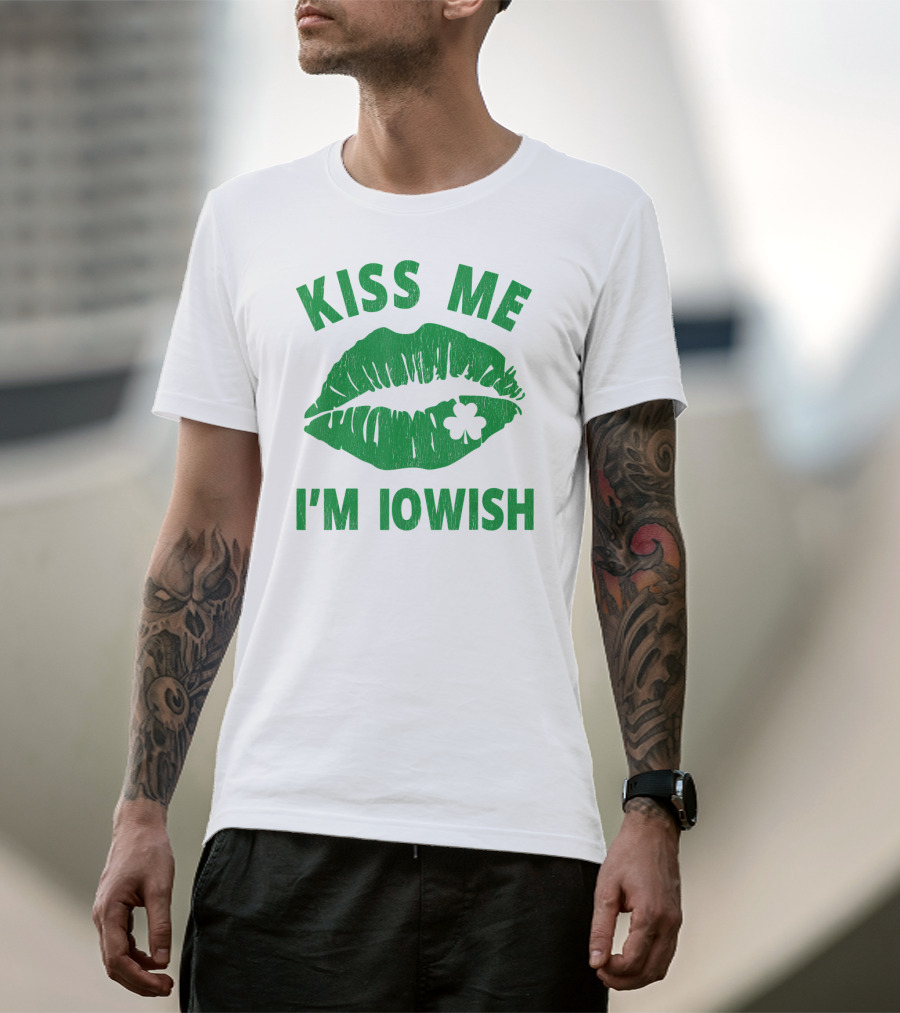 Kiss Me I'm Iowish St Patrick's Day Green Lips With Clover T-Shirt