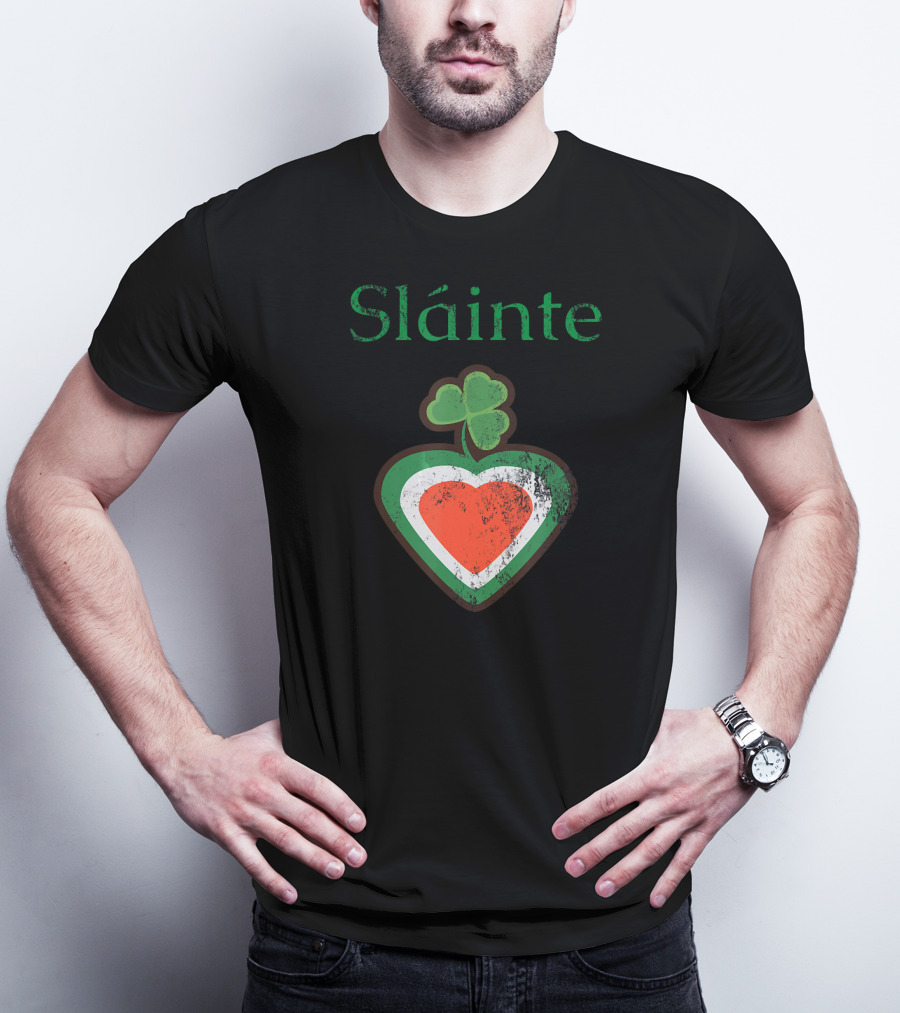 Sláinte Irish Shamrock Heart Green White Red T-Shirt