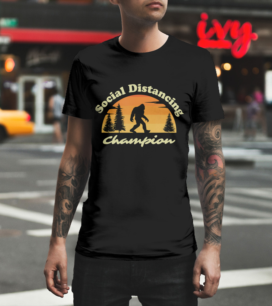Social Distancing Champion Sasquatch Bigfoot Silhouette Sunset Forest Scene T-Shirt