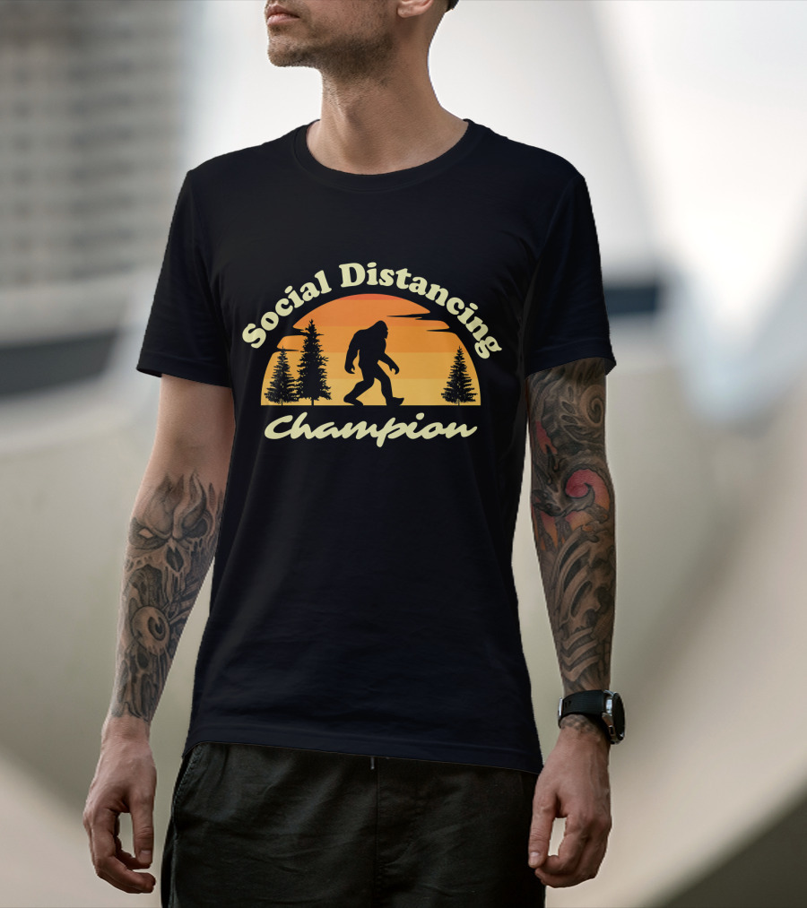 Social Distancing Champion Sasquatch Bigfoot Silhouette Sunset Forest Scene T-Shirt