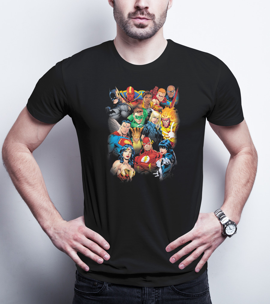 Justice League The League's All Here Heroes Unite Iconic Team Members T-Shirt