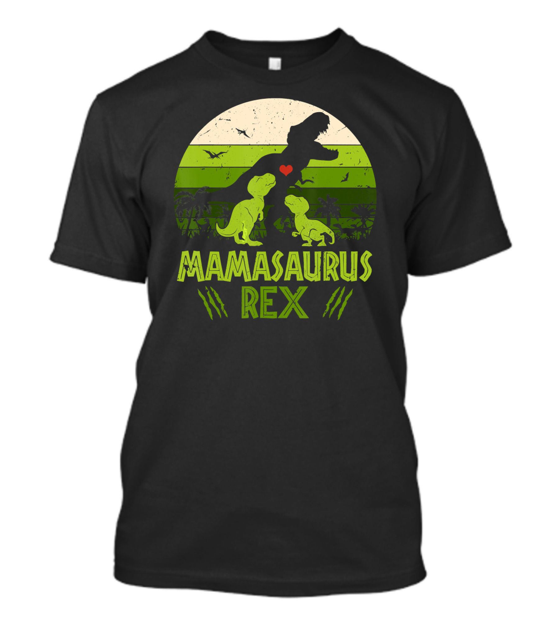 Mamasaurus Rex Dinosaur Lover Heart Jungle Scene With Two Kids T-Shirt