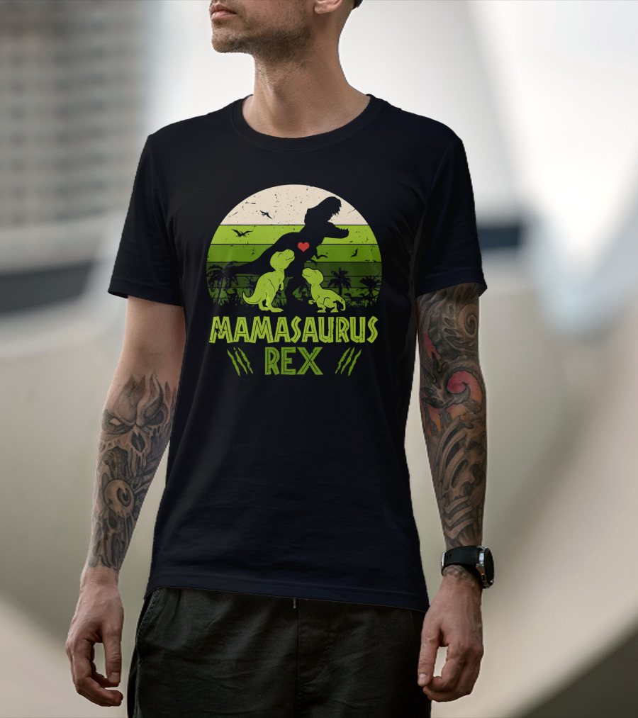 Mamasaurus Rex Dinosaur Lover Heart Jungle Scene With Two Kids T-Shirt