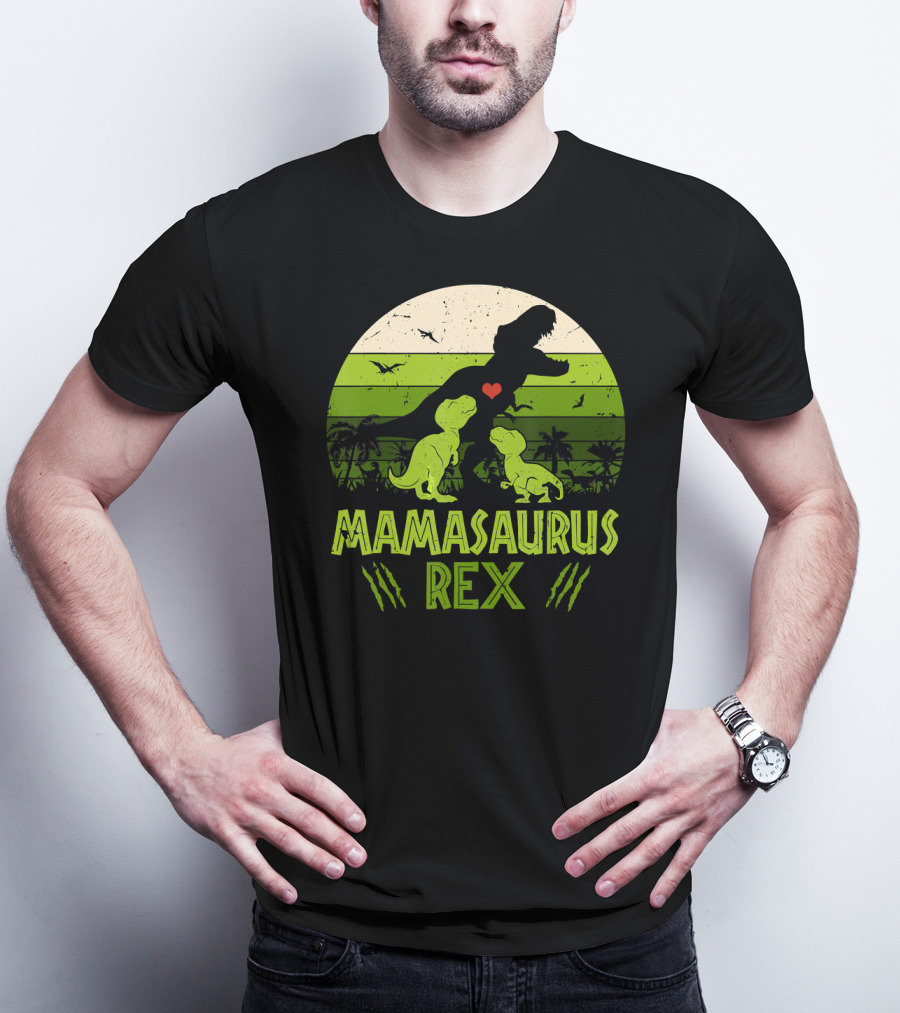 Mamasaurus Rex Dinosaur Lover Heart Jungle Scene With Two Kids T-Shirt