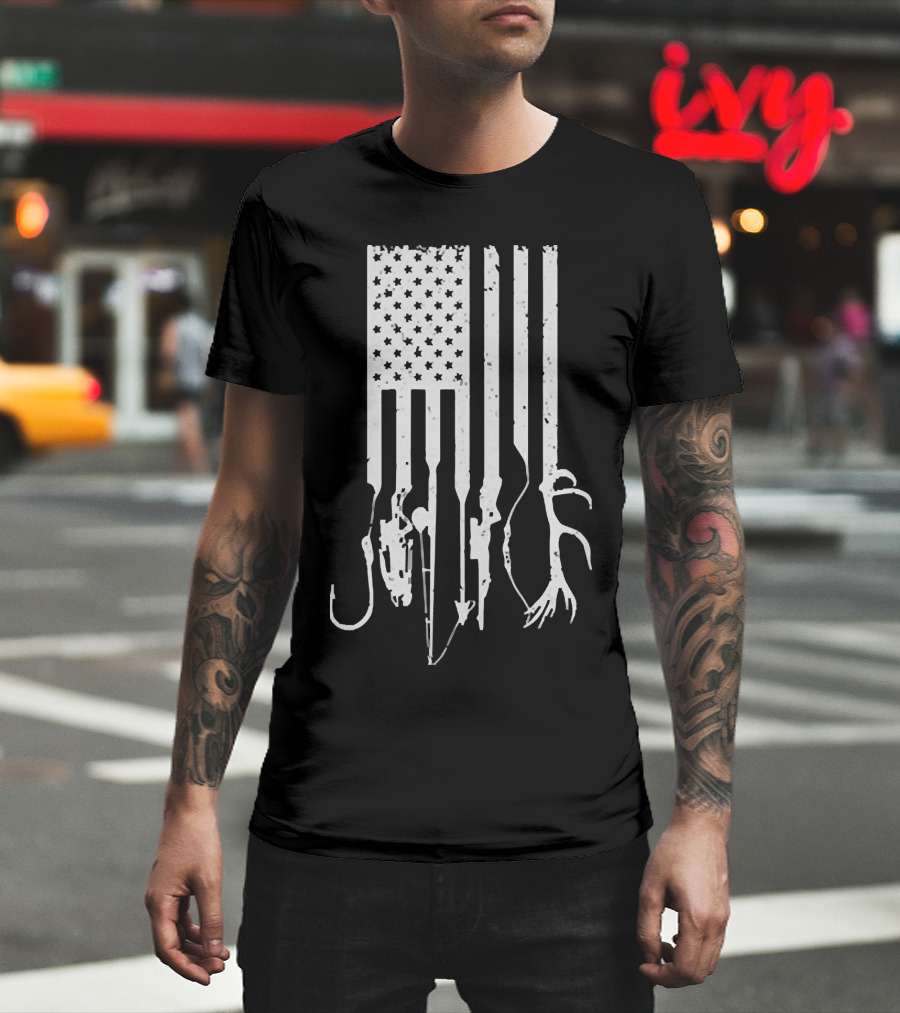 American Flag With Fishing Hooks And Hunting Gear T-Shirt