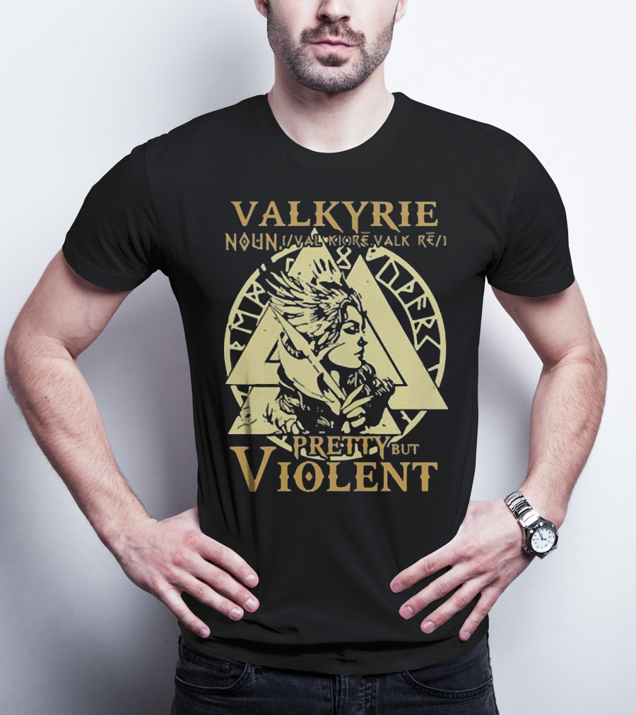VALKYRIE NOUN PRETTY BUT VIOLENT WITH NORSE RUNES BACKGROUND T-Shirt