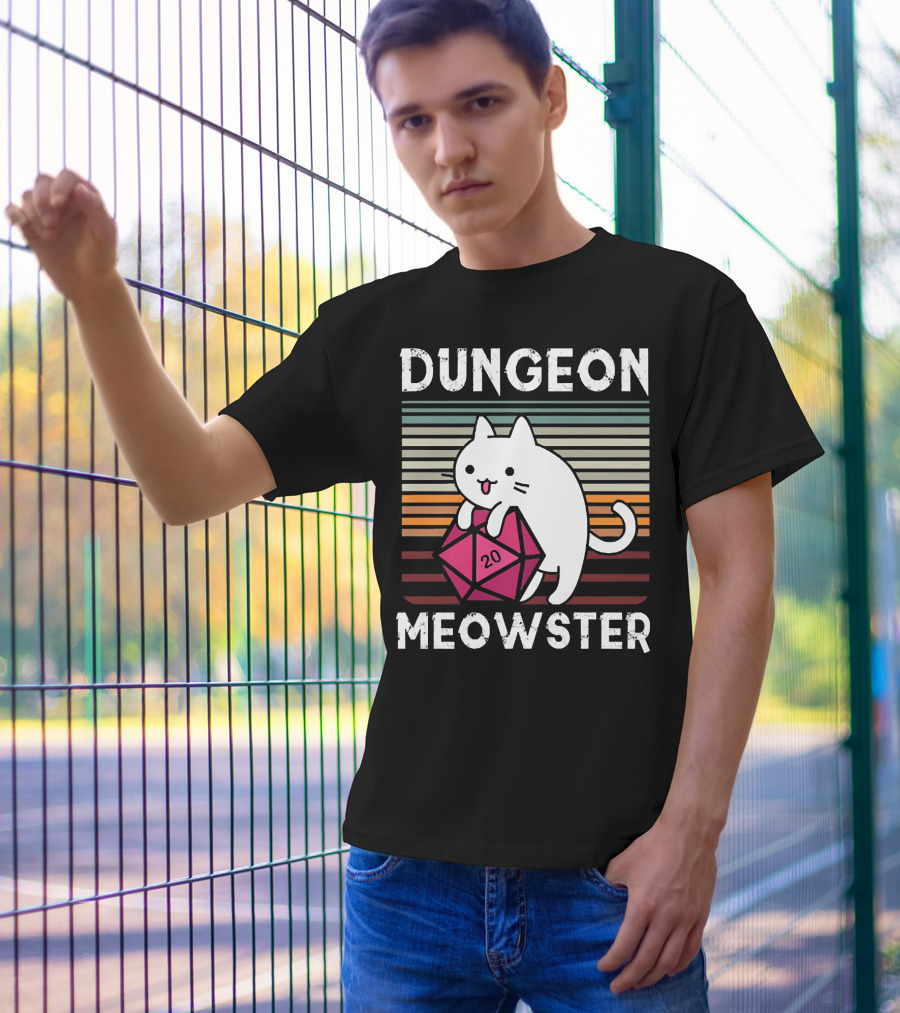 Dungeon Meowster Retro Vintage Cat Lover 20 Sided Dice T-Shirt
