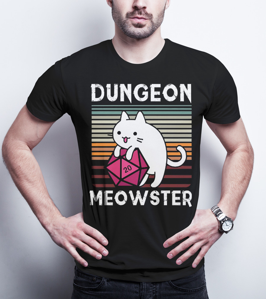 Dungeon Meowster Retro Vintage Cat Lover 20 Sided Dice T-Shirt