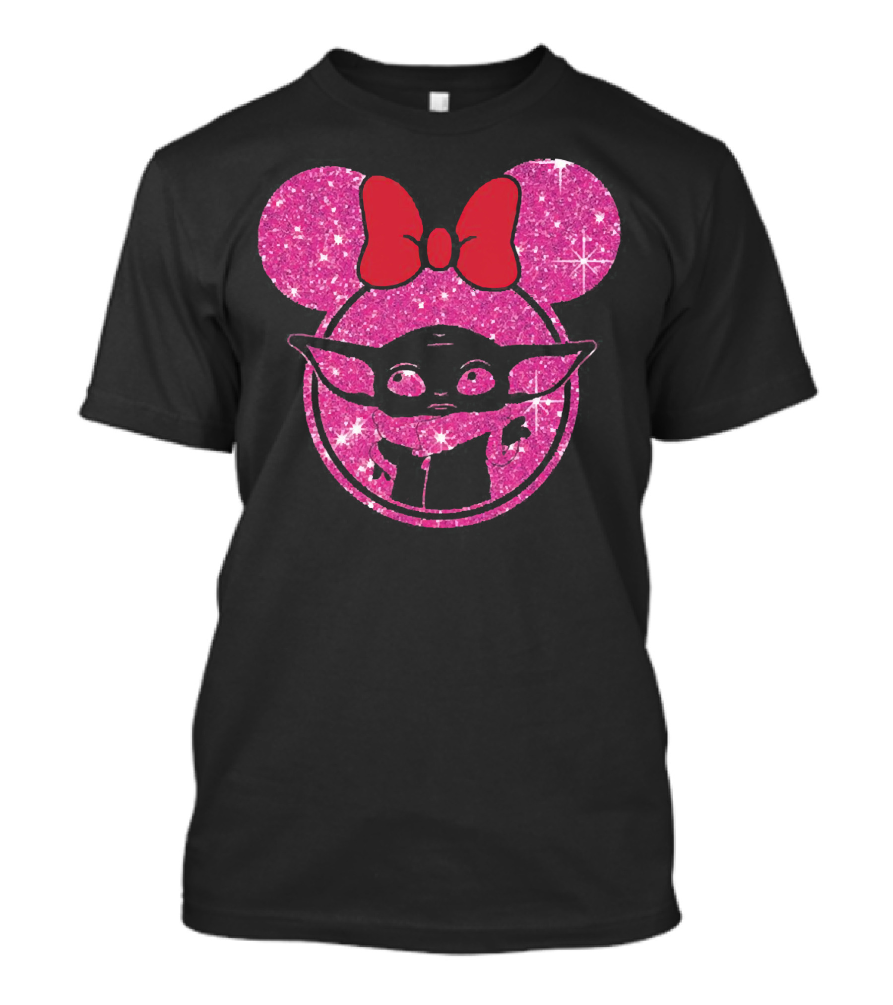 Baby Yoda Glitter Minnie Mouse Ears Red Bow T-Shirt