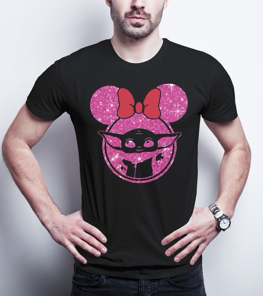Baby Yoda Glitter Minnie Mouse Ears Red Bow T-Shirt