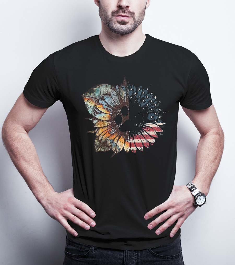 Great Vintage Sunflower American Flag Patriotic Floral T-Shirt