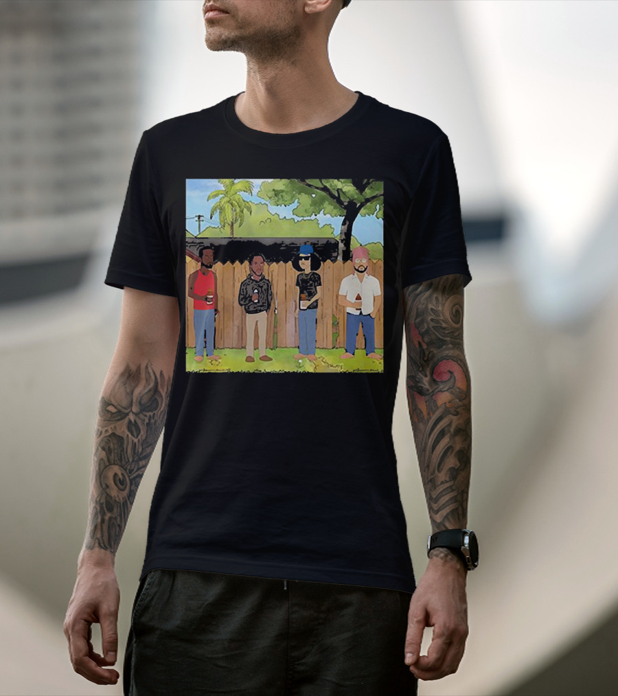 King Of The Hill Treatment With Four Men By Fence With Beverages And Trees T-Shirt