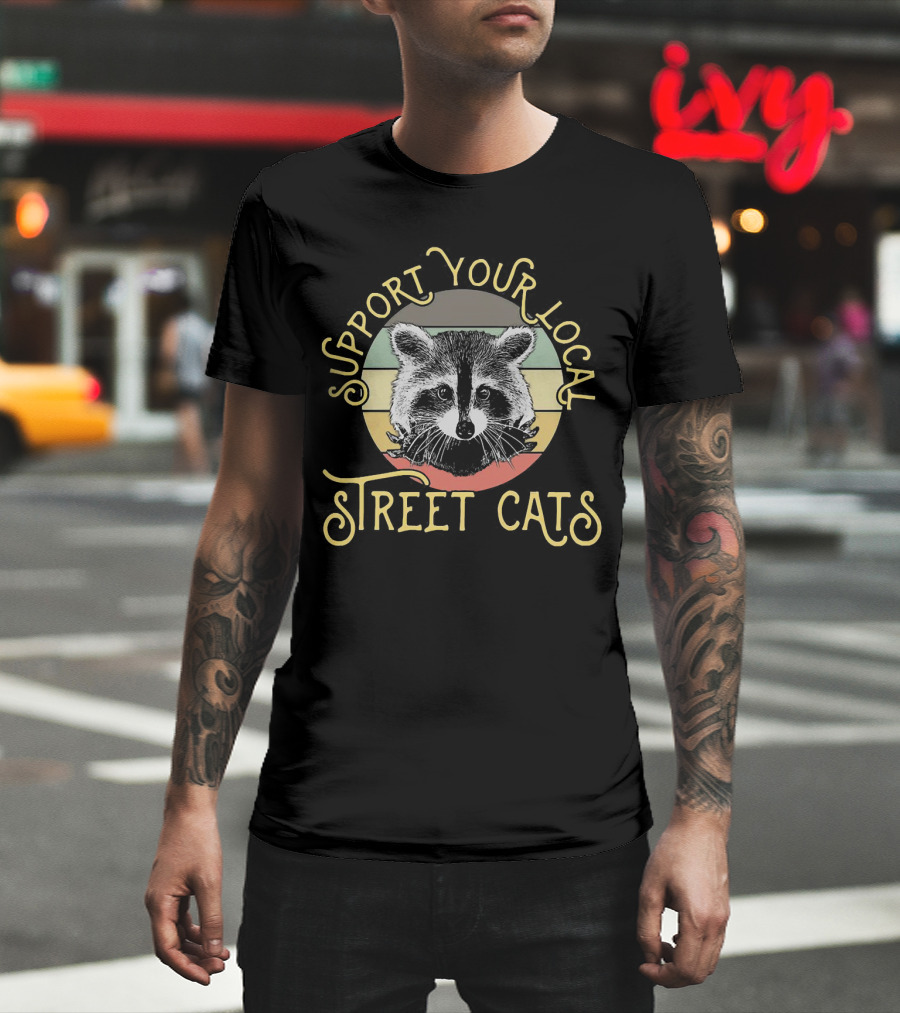 Support Your Local Street Cats Raccoon Retro Circle T-Shirt