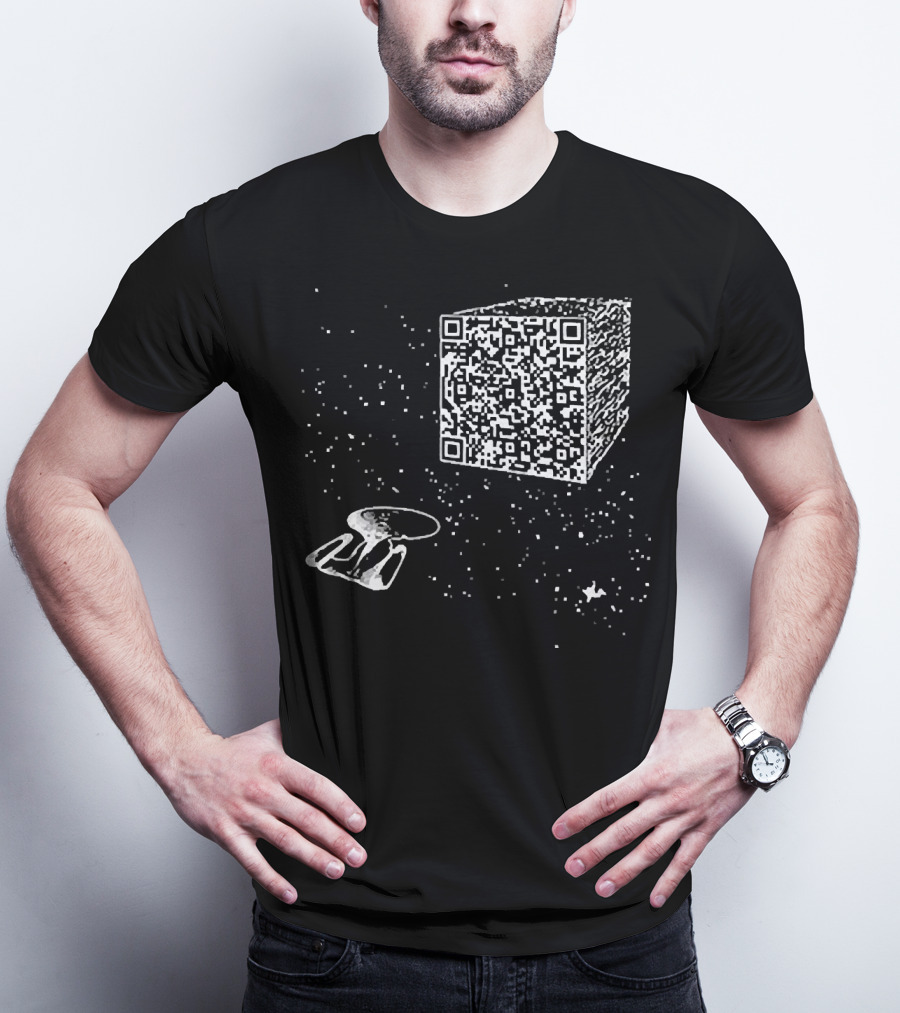 Scan QR Code Spaceship And Cube In Space T-Shirt