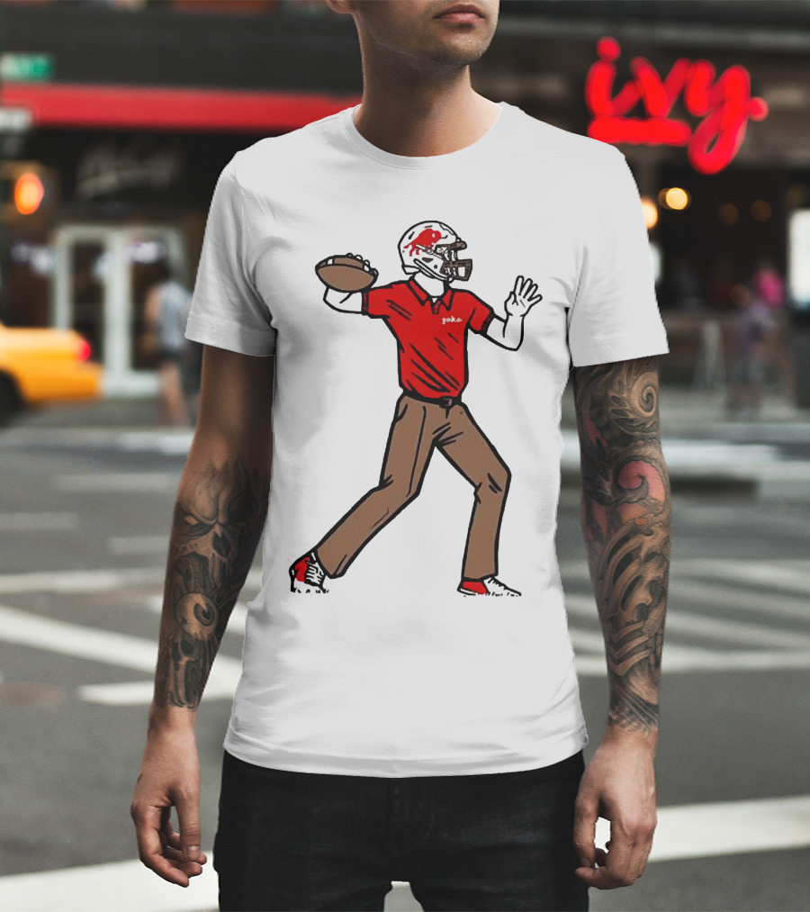 Jake From Buffalo Football Player Throwing Pass Brown Pants Red Shirt Helmet T-Shirt