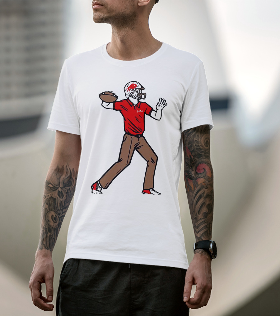 Jake From Buffalo Football Player Throwing Pass Brown Pants Red Shirt Helmet T-Shirt