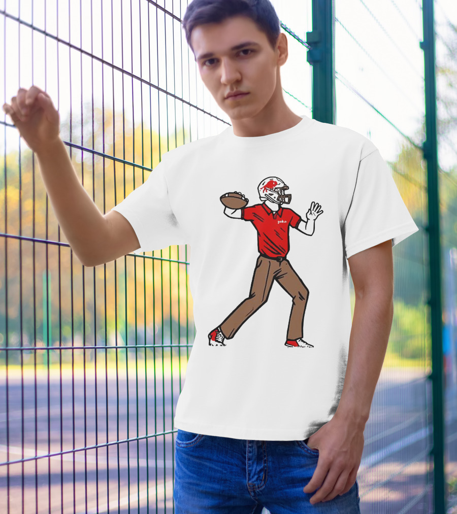 Jake From Buffalo Football Player Throwing Pass Brown Pants Red Shirt Helmet T-Shirt