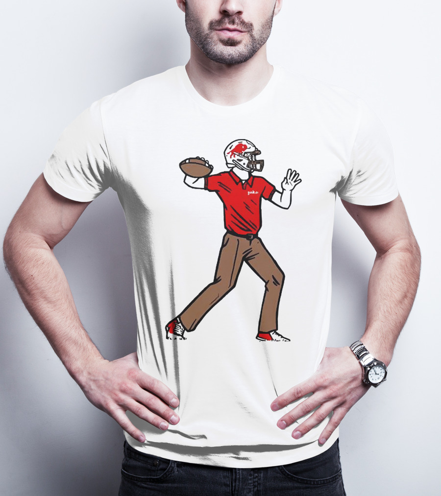 Jake From Buffalo Football Player Throwing Pass Brown Pants Red Shirt Helmet T-Shirt