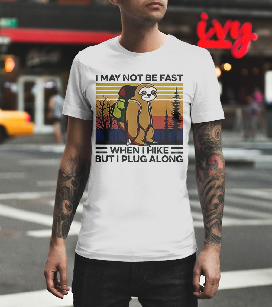 I May Not Be Fast When I Hike But I Plug Along Sloth Retro Forest Scene T-Shirt