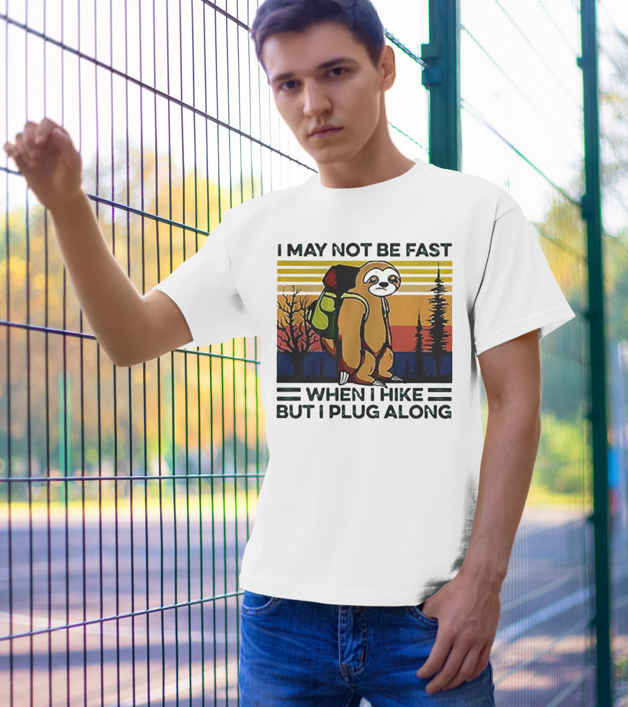 I May Not Be Fast When I Hike But I Plug Along Sloth Retro Forest Scene T-Shirt