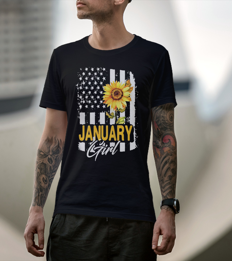 Sunflowers January Girl American Flag T-Shirt