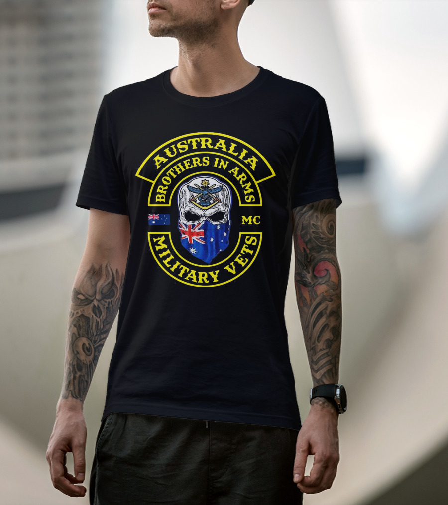 Australia Brothers In Arms Military Vets MC Australian Flag Skull T-Shirt