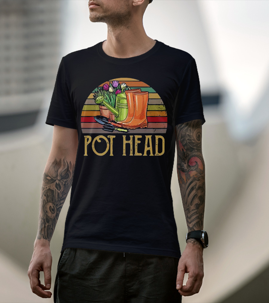 Pot Head Gardening Boots Watering Can Flowers Sunset Stripes T-Shirt