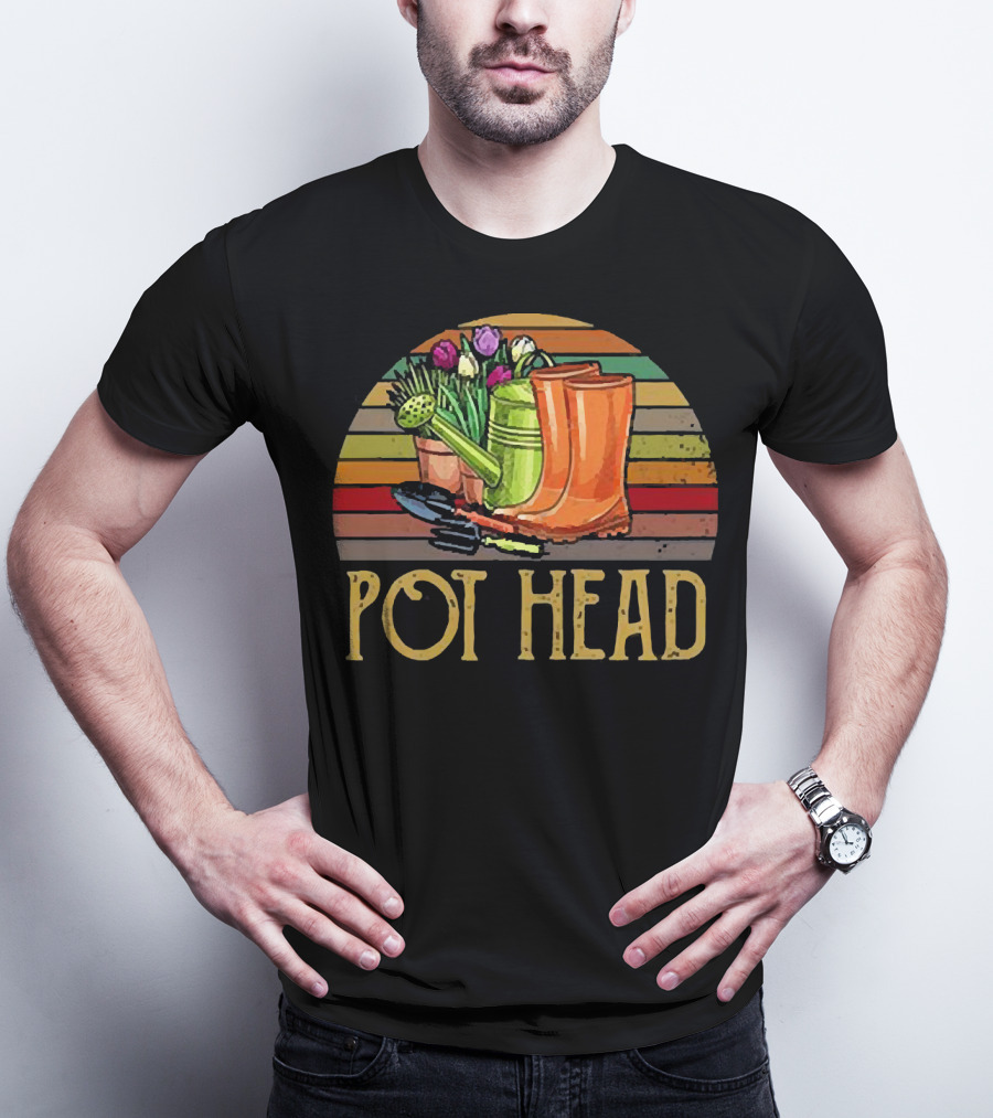 Pot Head Gardening Boots Watering Can Flowers Sunset Stripes T-Shirt