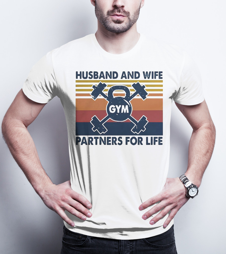Husband And Wife Gym Partners For Life Kettlebell And Dumbbells Vintage Stripes T-Shirt