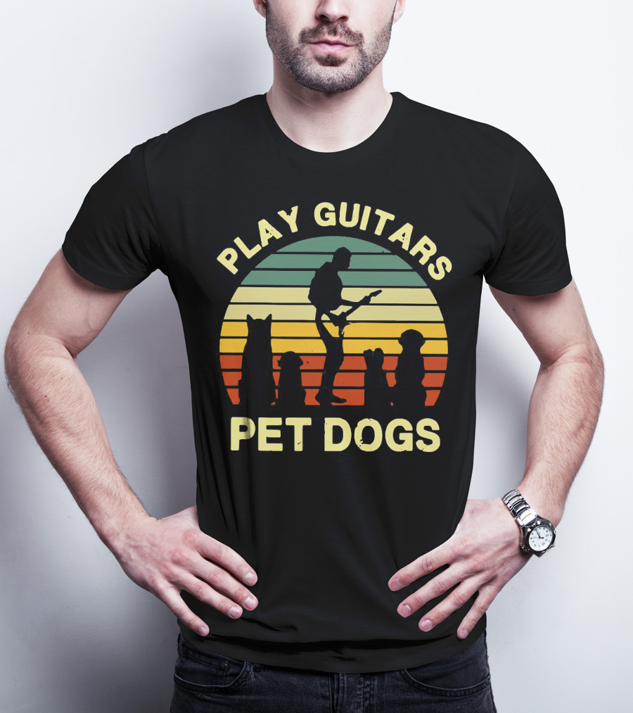Play Guitars Pet Dogs Sunset Silhouette With Musician And Dogs T-Shirt