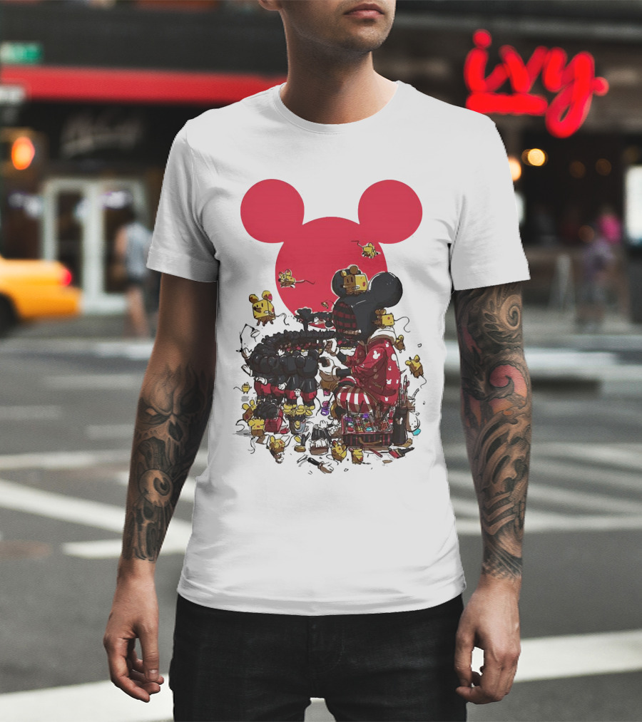 Mickey Mouse Red Circle Artist Scene With Small Characters T-Shirt