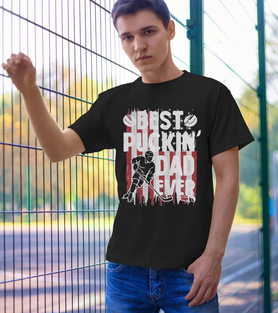 Best Puckin Dad Ever Hockey American Flag Player T-Shirt