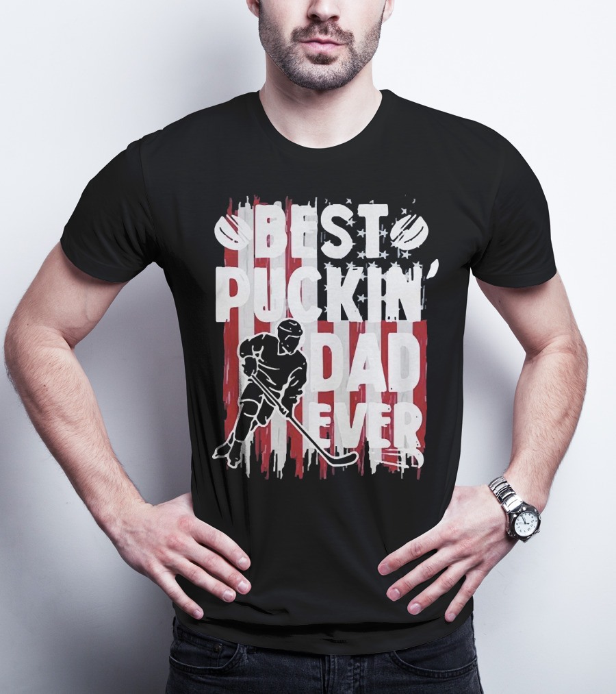 Best Puckin Dad Ever Hockey American Flag Player T-Shirt