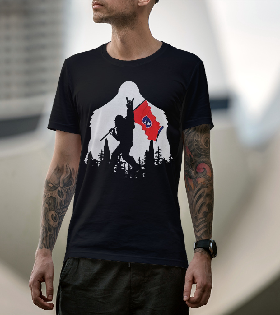 Bigfoot Silhouette With Rock And Roll Pose Holding Tennessee Flag In Forest T-Shirt