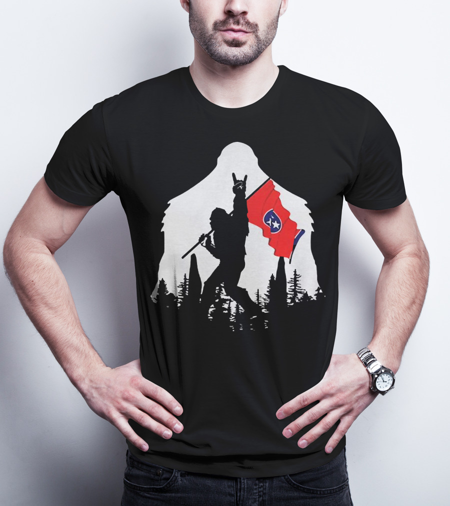Bigfoot Silhouette With Rock And Roll Pose Holding Tennessee Flag In Forest T-Shirt