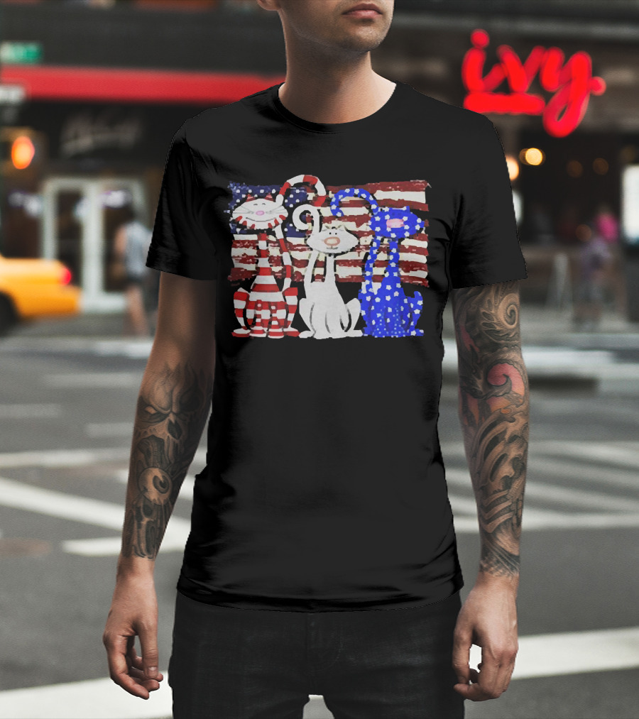 Cats With American Flag Stripes Stars Independence Day Veteran U.S T-Shirt