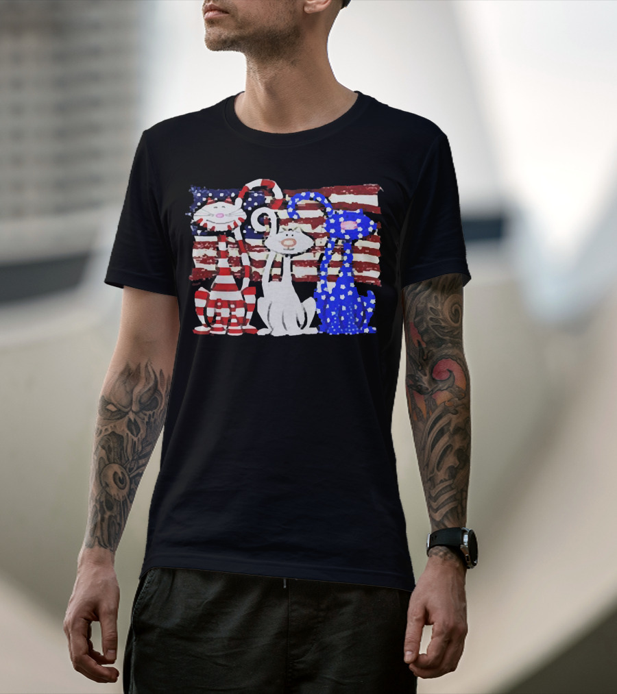 Cats With American Flag Stripes Stars Independence Day Veteran U.S T-Shirt