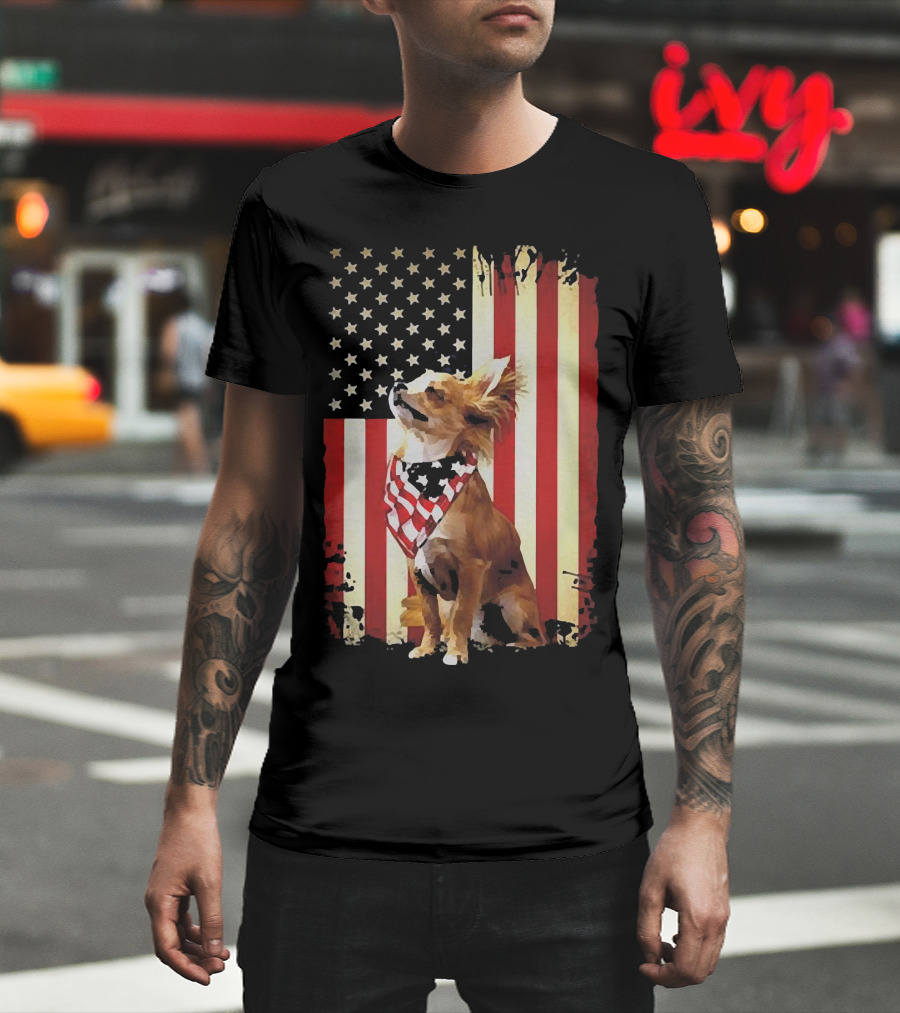 Patriotic Chihuahua With American Flag Background T-Shirt