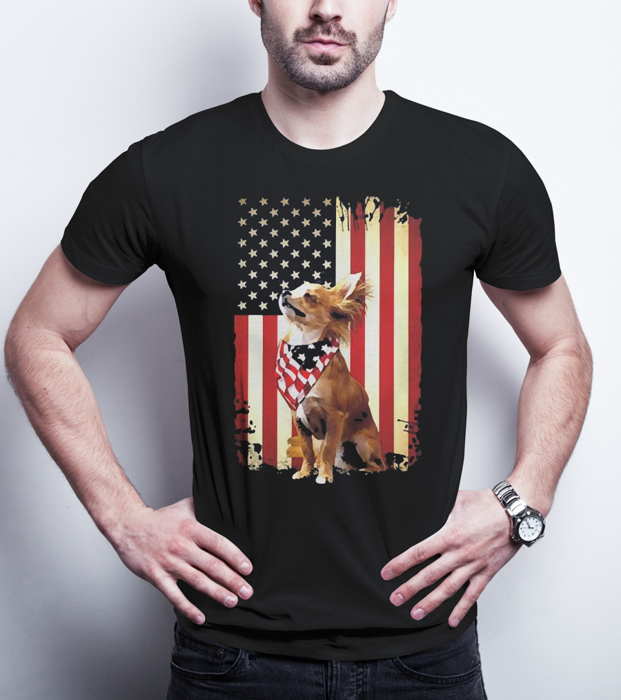 Patriotic Chihuahua With American Flag Background T-Shirt