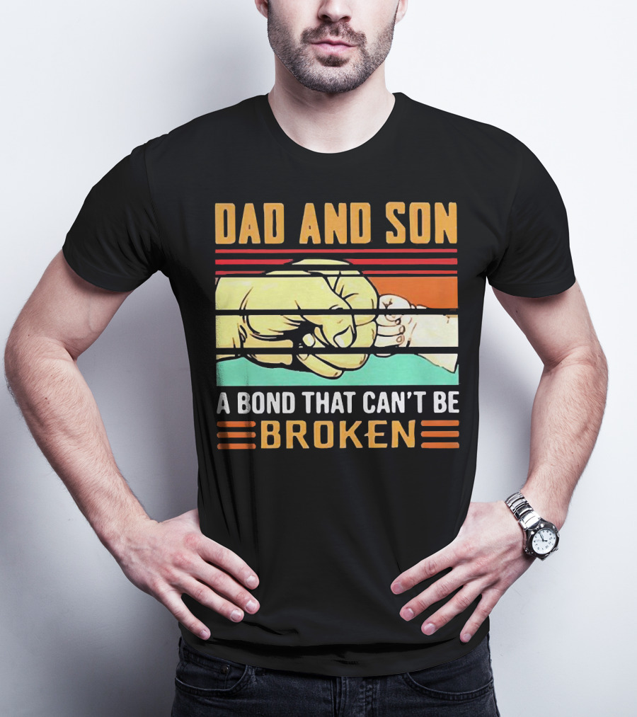 Dad And Son A Bond That Can't Be Broken Fist Bump Retro Stripes T-Shirt
