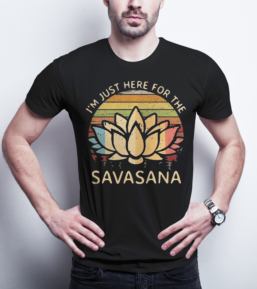 I'm Just Here For The Savasana Lotus With Retro Sunset Stripes T-Shirt