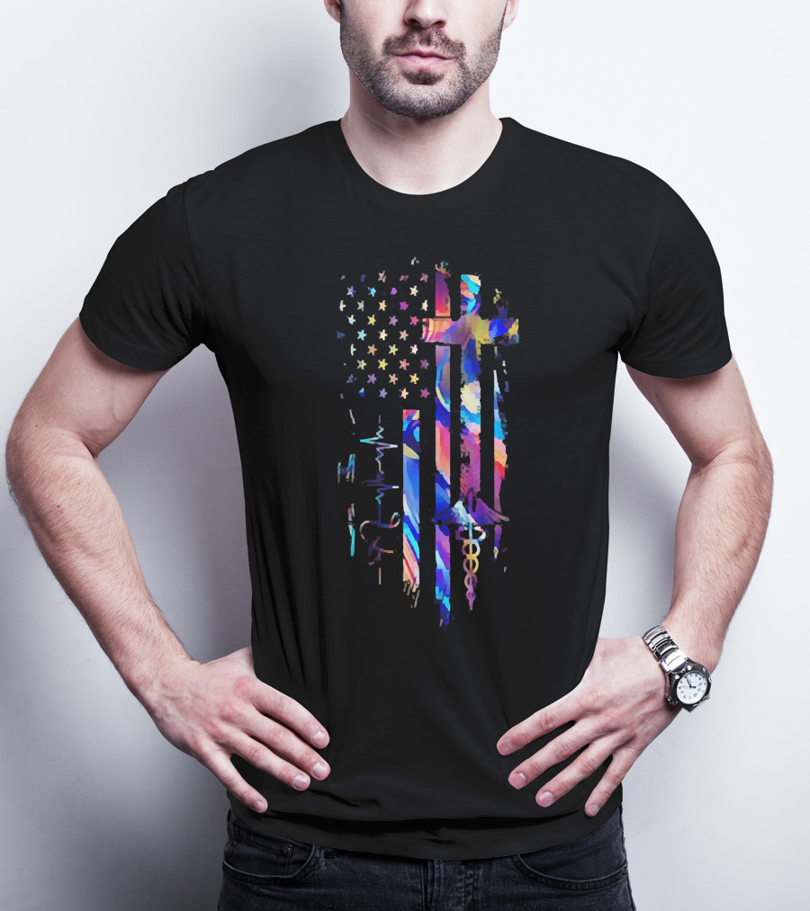 Stethoscope Heartbeat Nurse God Colorful Cross America Flag T-Shirt