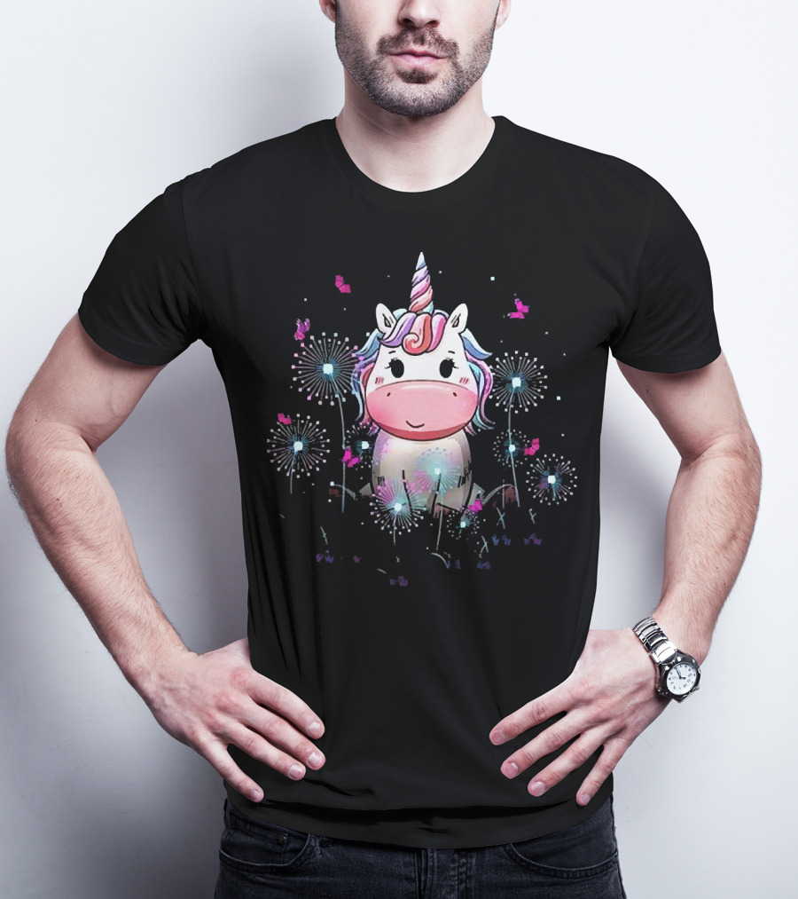 Baby Unicorn With Dandelion Flowers And Butterflies T-Shirt