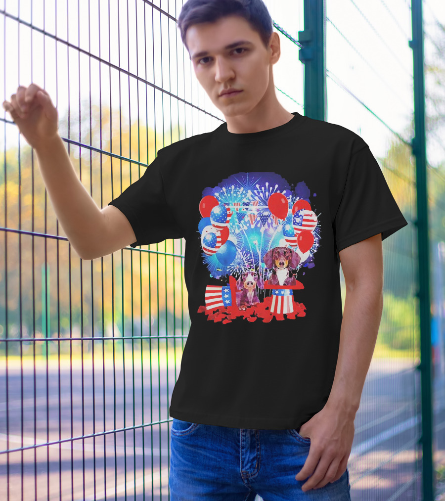 Dachshund American Flag Fireworks Balloons Independence Day T-Shirt