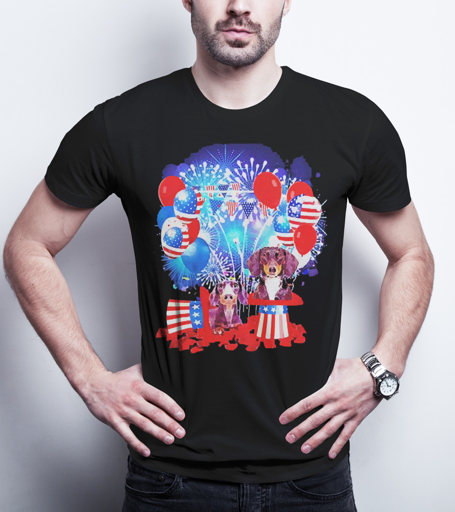 Dachshund American Flag Fireworks Balloons Independence Day T-Shirt
